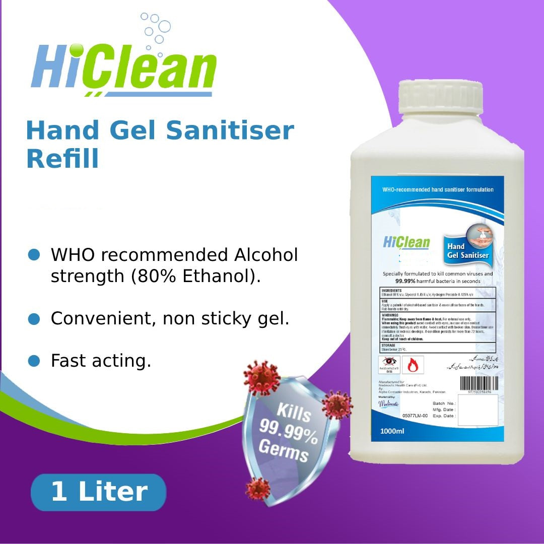 HiClean Alcohol Hand Gel Sanitiser (Refill) 1 Liter – Medinostic Healthcare